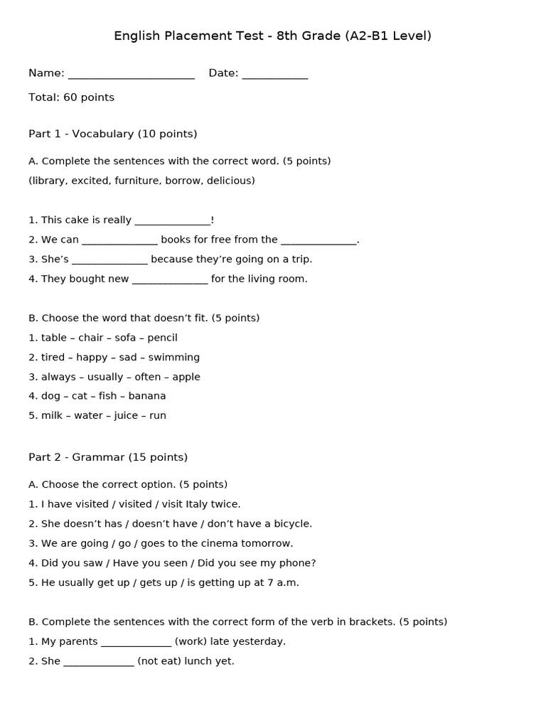 8th Grade English Placement Test A2-B1 | PDF | Linguistics