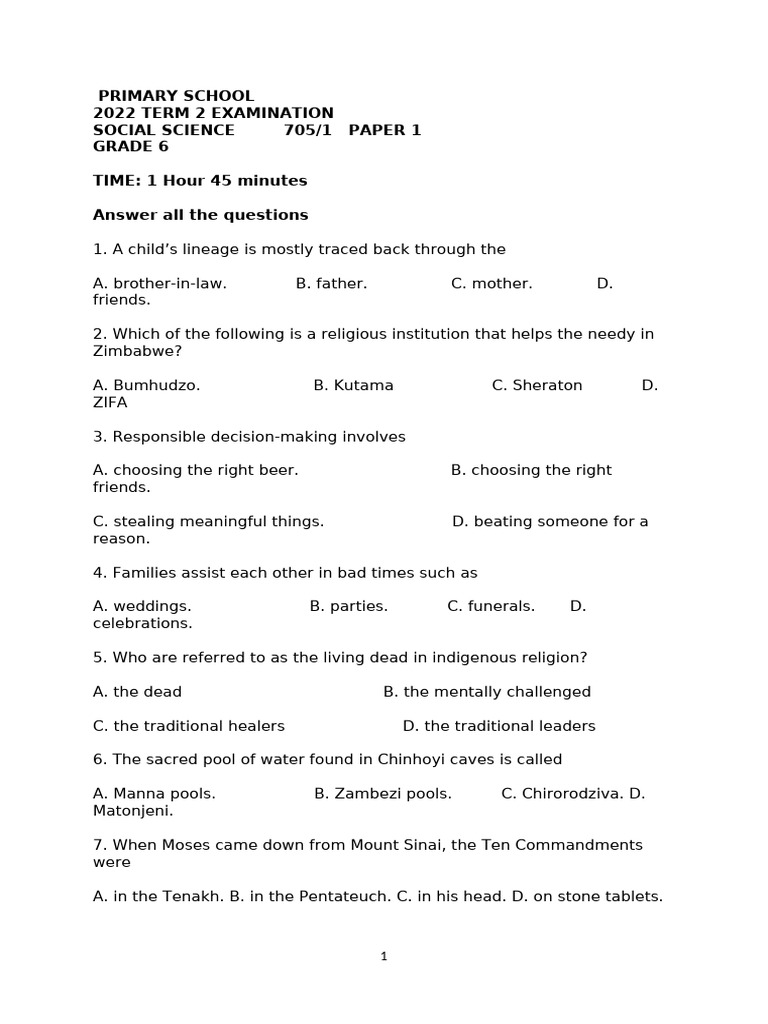 2022 Term 2 Grade 6 Social Science Paper 1-1 | PDF