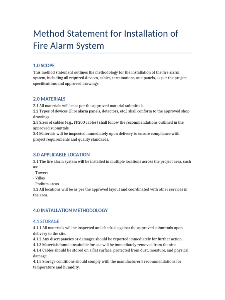 Method Statement Fire Alarm Installation | PDF
