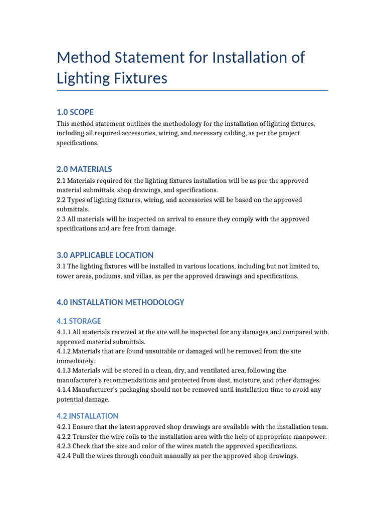 Modified_Method_Statement_Lighting_Fixtures_Installation | PDF | Electrical Wiring | Lighting