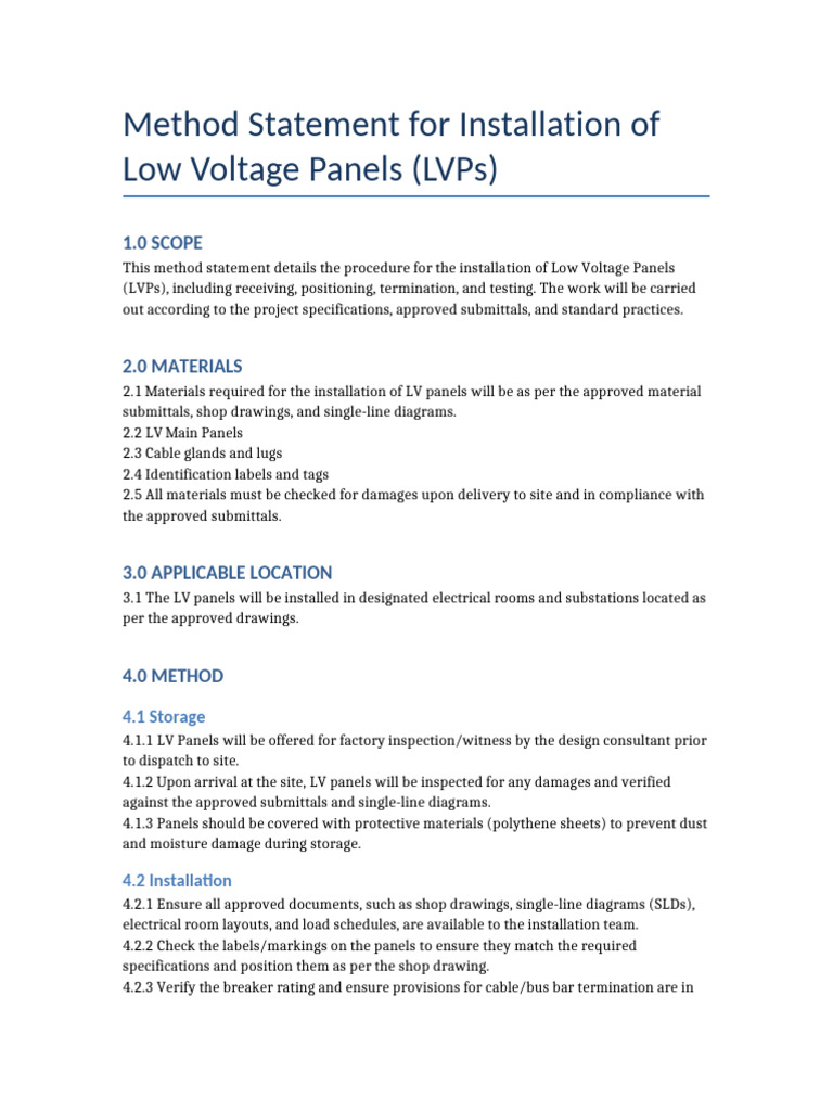 Method_Statement_LV_Panel_Installation | PDF | Specification (Technical ...