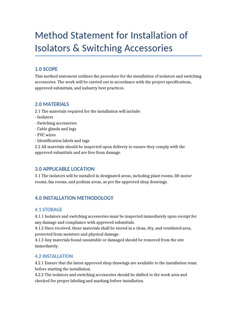 Method Statement Isolators Switching Accessories | PDF