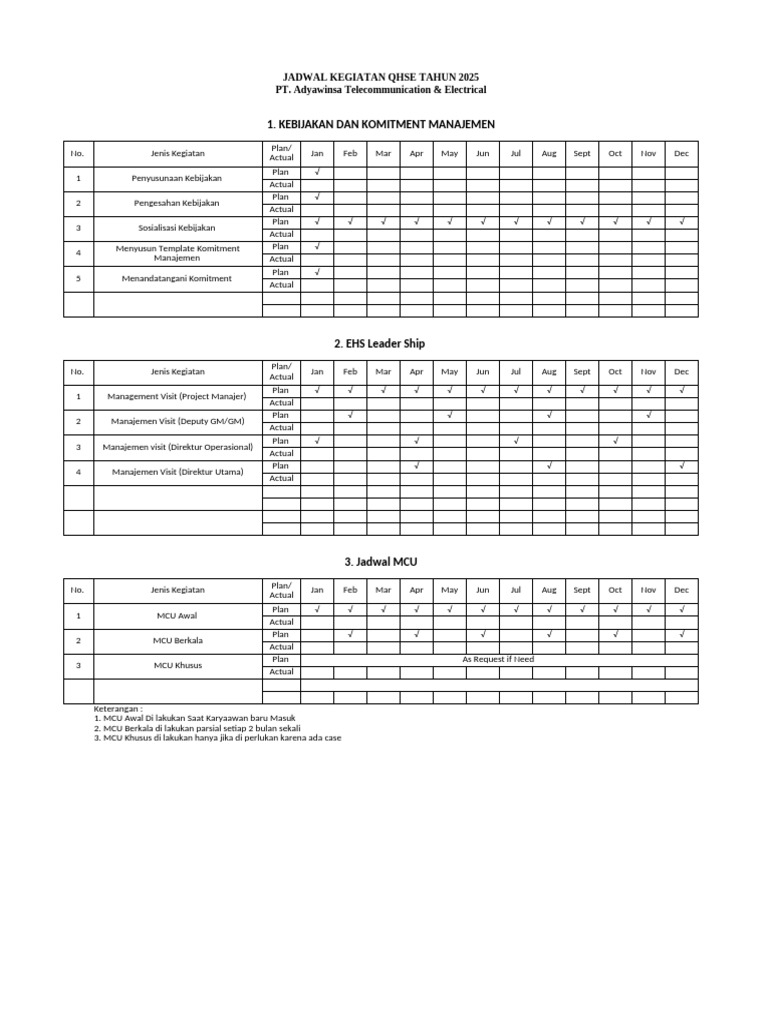 Jadwal Kegiatan QHSE Plan Tahun 2025 PROYEK | PDF