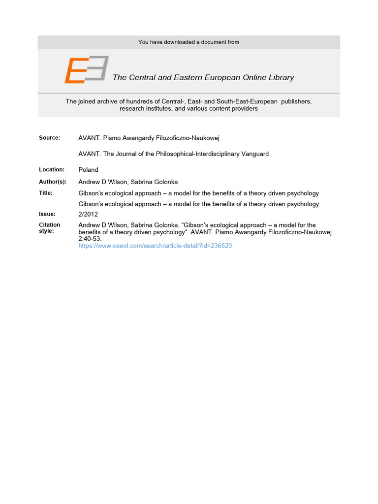 Gibson S Ecological Approach A Model For The Benefits of A Theory Driven Psychology Content File ...