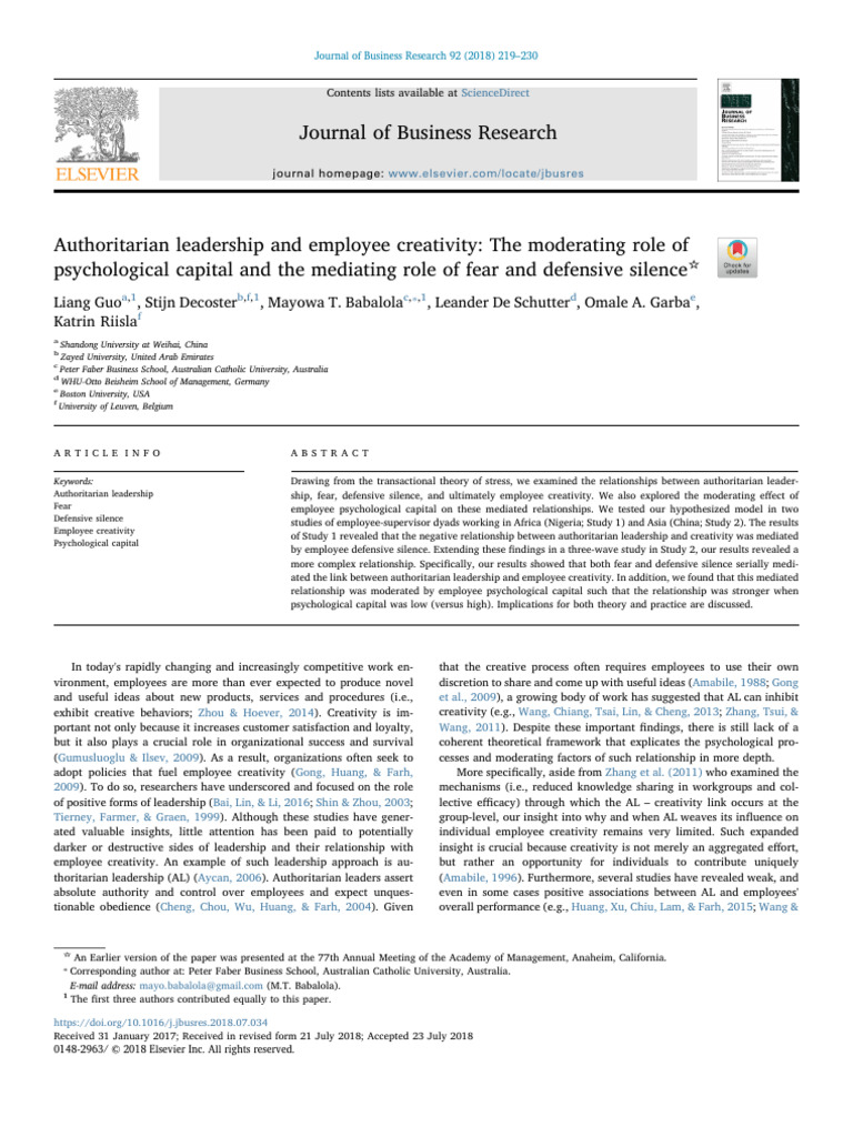 Cheng, C., & Wang, Z. (2018). Authoritarian leadership and employee creativity The moderating ...