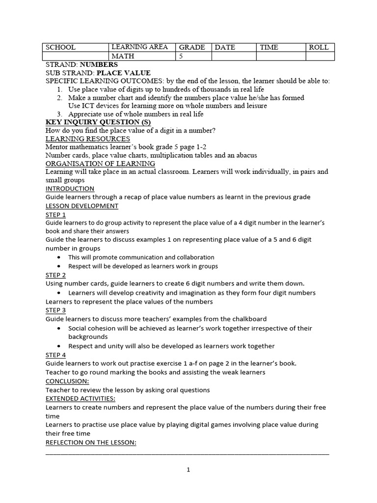 Grade 5 Math: Understanding Place Value | PDF | Learning | Mentorship