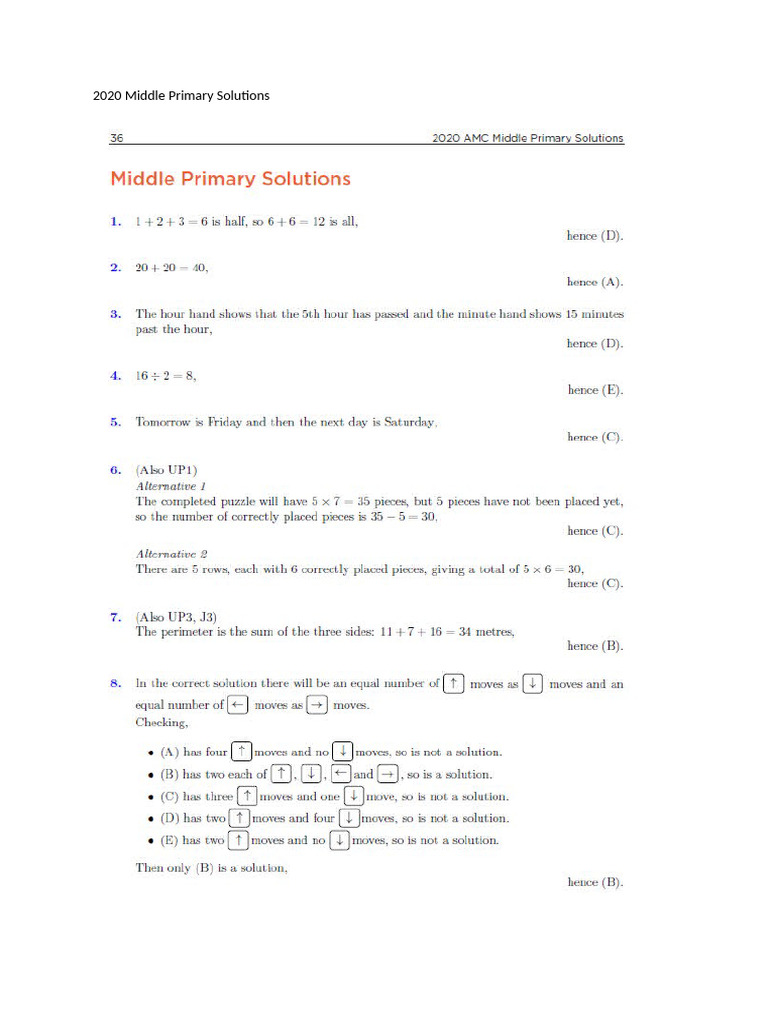 2020 AMC Middle Primary Solutions | PDF