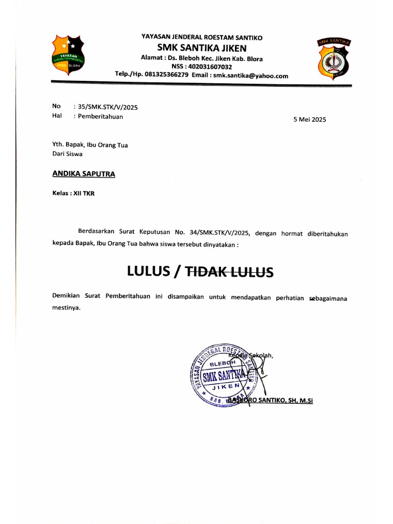Surat Pengumuman Kelulusan TKR | PDF