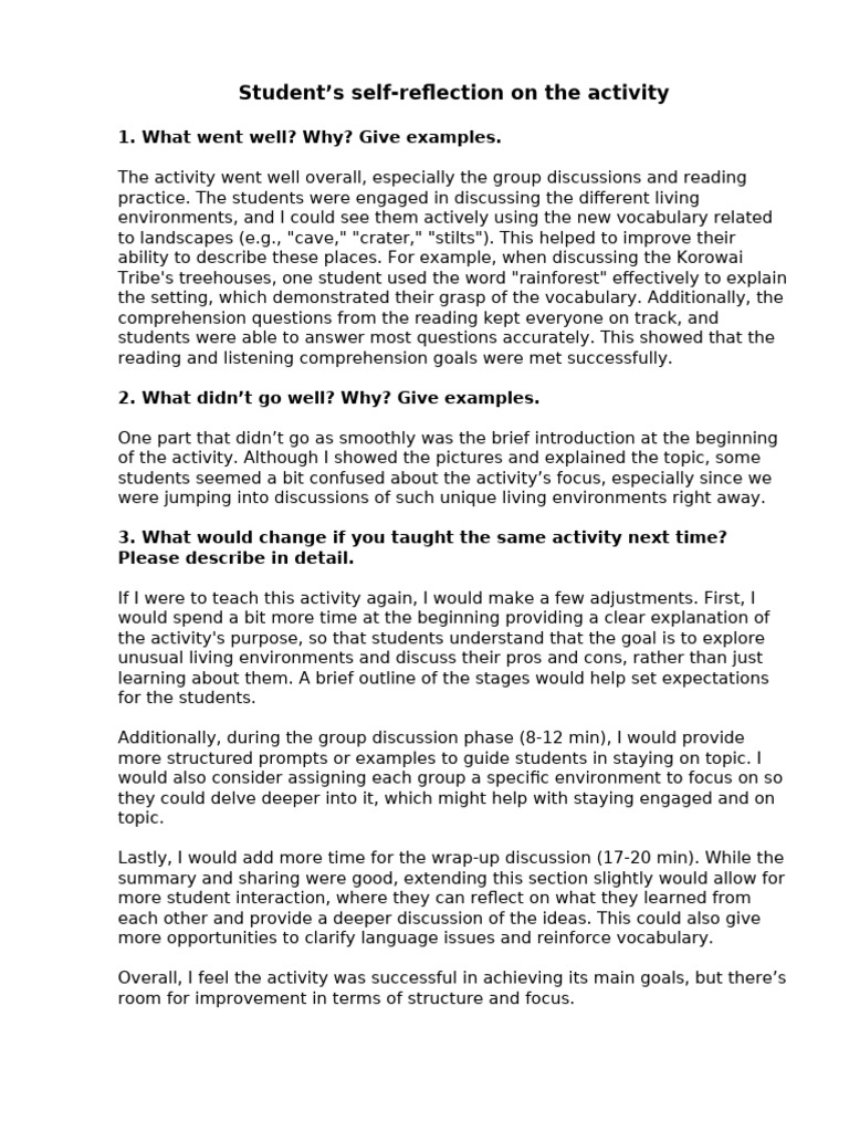 Student Self-Reflection Activity. | PDF | Reading Comprehension ...