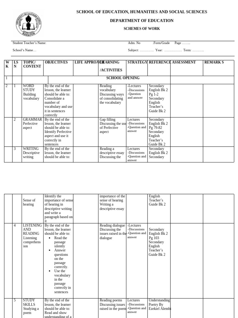 Education Schemes of Work Overview | PDF | Reading Comprehension ...