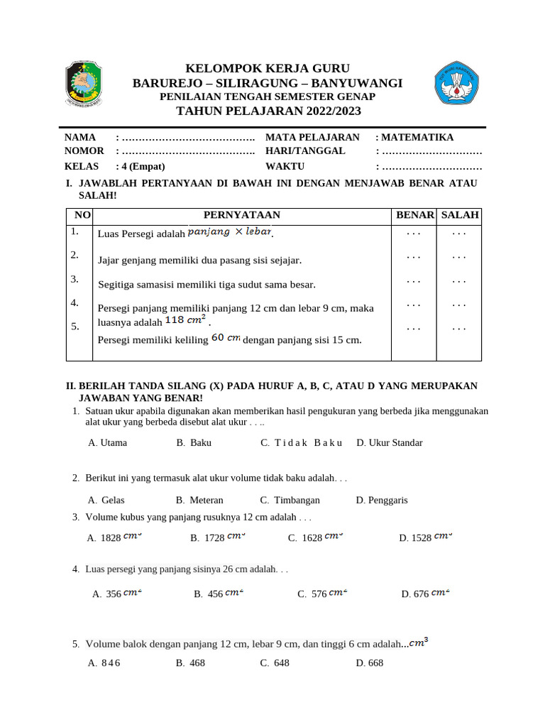 @soal MTK Kelas 4 | PDF