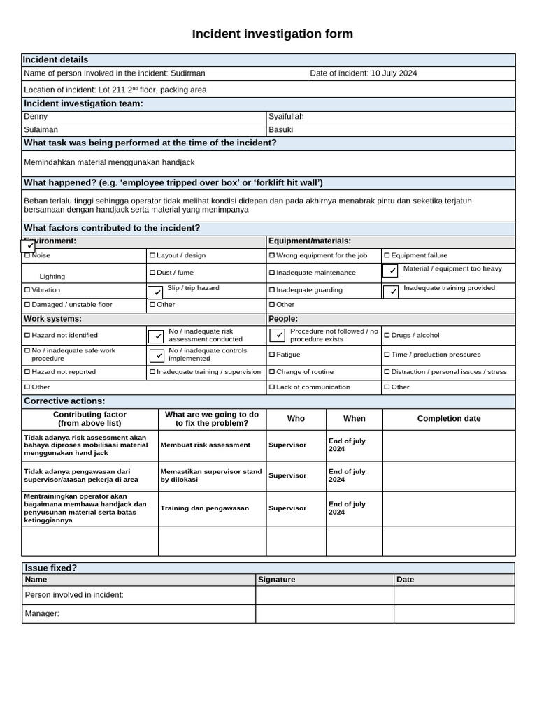 Incident Investigation Form (Done) | PDF | Hazards | Occupational ...