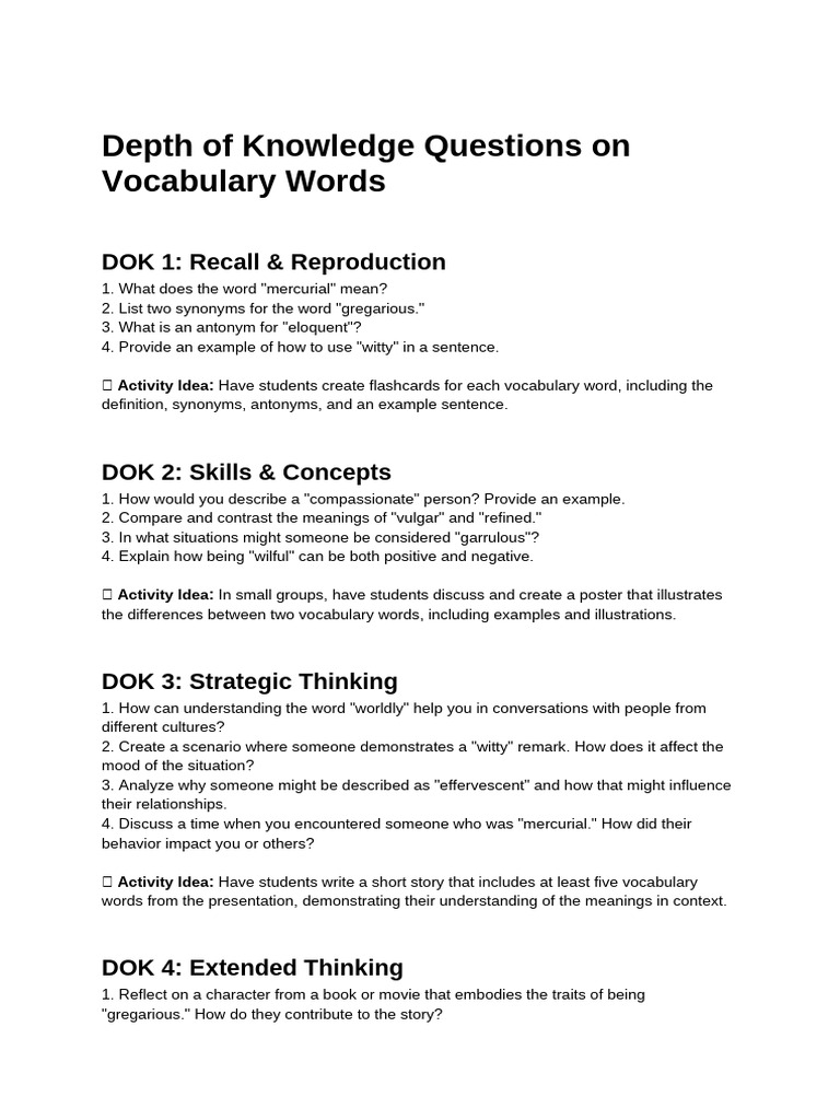 Vocabulary DOK Questions | PDF