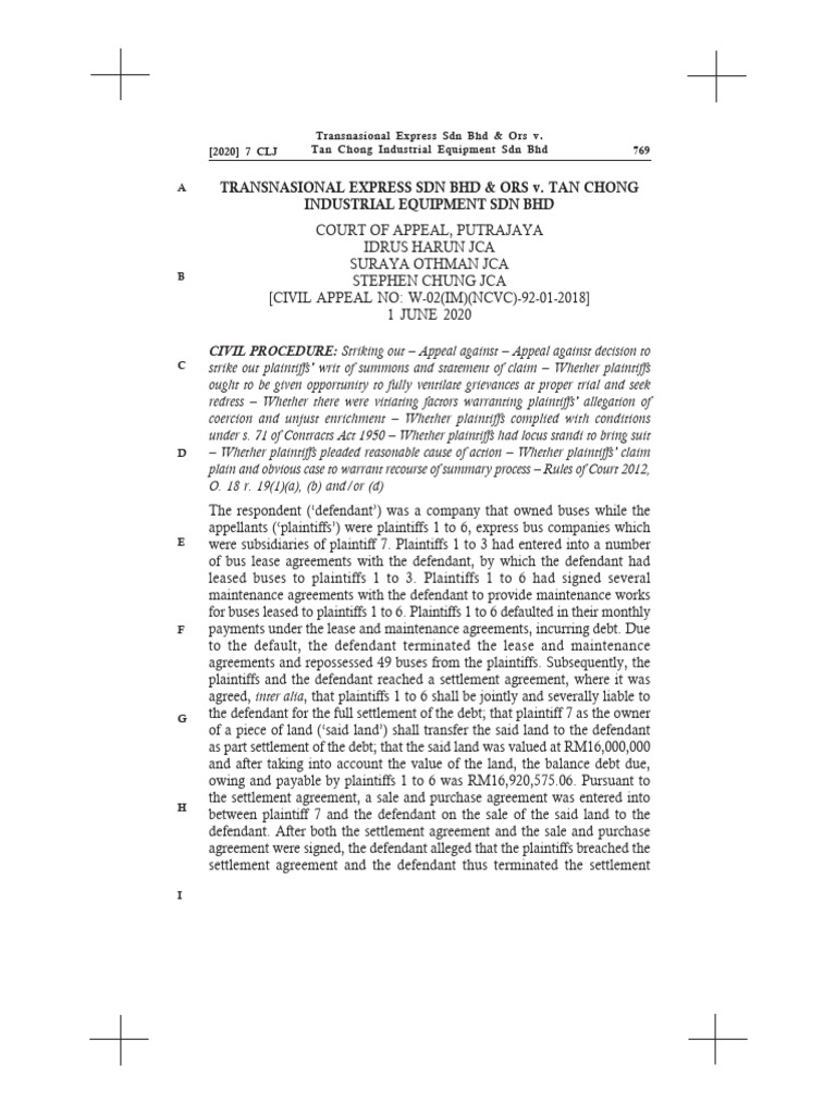 Transnasional Express SDN BHD & Ors V Tan Chong Industrial Equipment SDN BHD (2020) 7 CLJ 769 ...