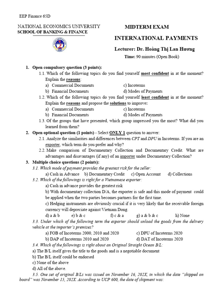 Midterm Exam - EEP Finance65D | PDF | Economies | Money