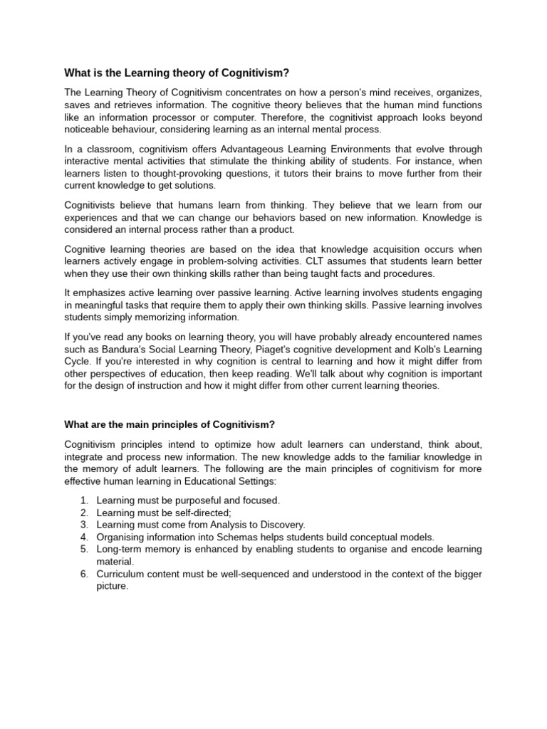 What Is The Learning Theory of Cognitivism | PDF | Learning Theory (Education) | Learning