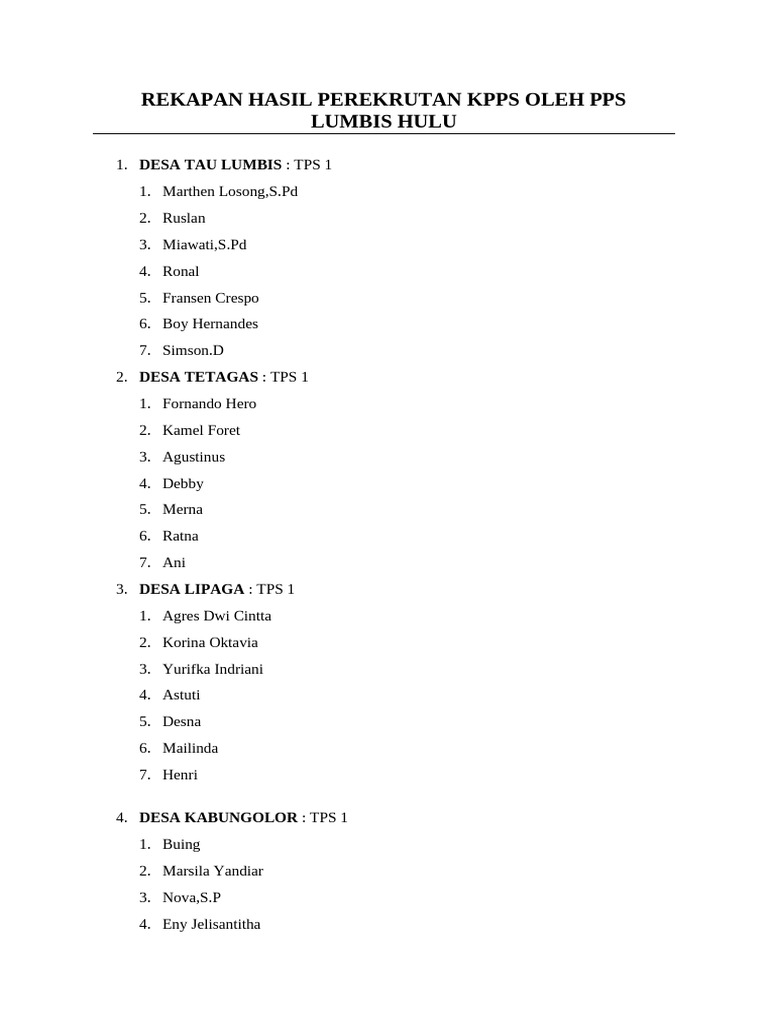 REKAPAN HASIL PEREKRUTAN KPPS OLEH PPS DAN TPS LUMBIS HULU | PDF