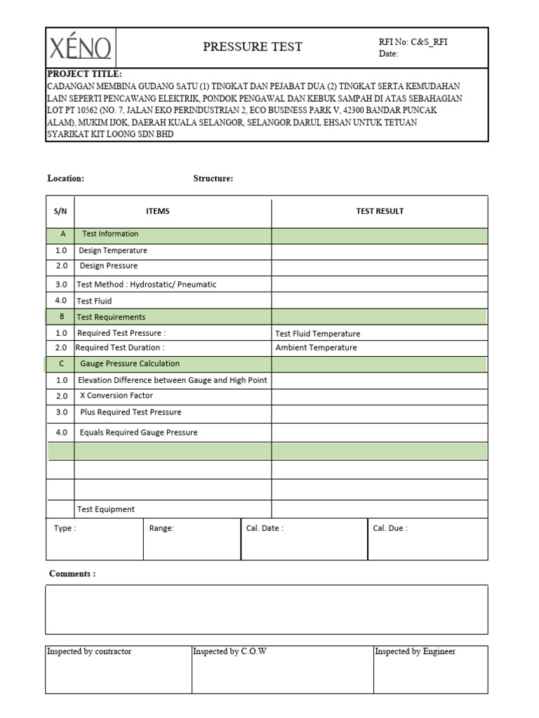 KIT LOONG Inspection Form - Pressure Test | PDF