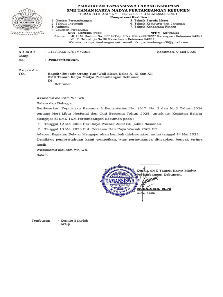 Pemberitahuan KBM Tgl.13 Mei | PDF