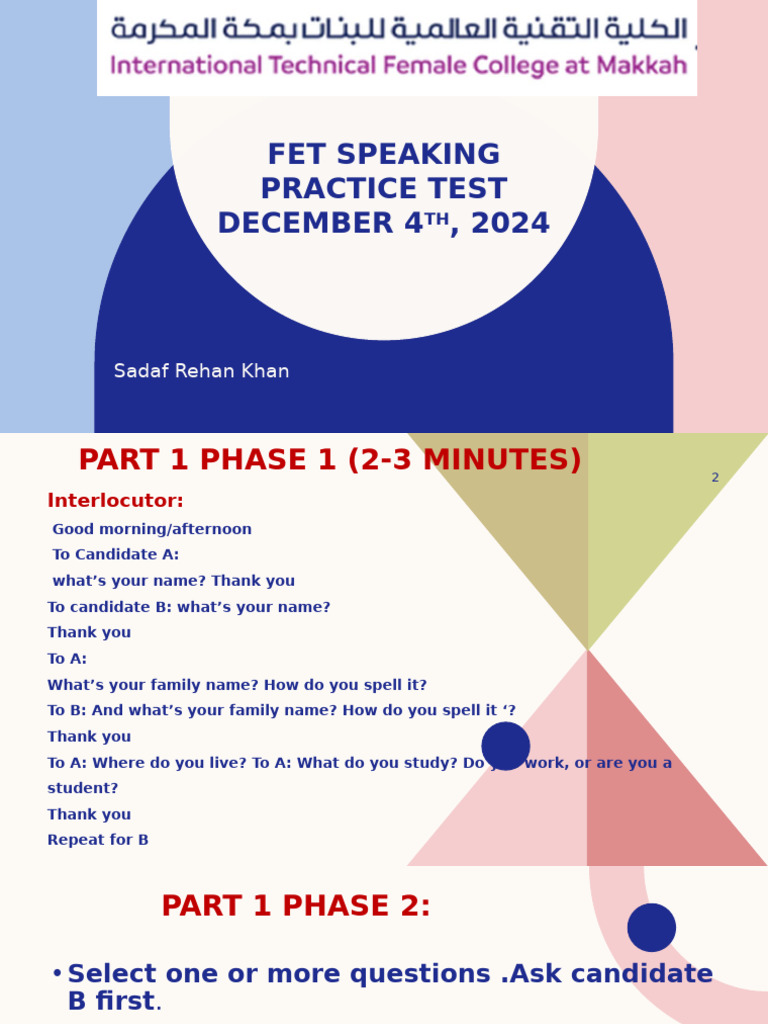 FET Speaking-Exam Practice - December 4th, 2024 | PDF