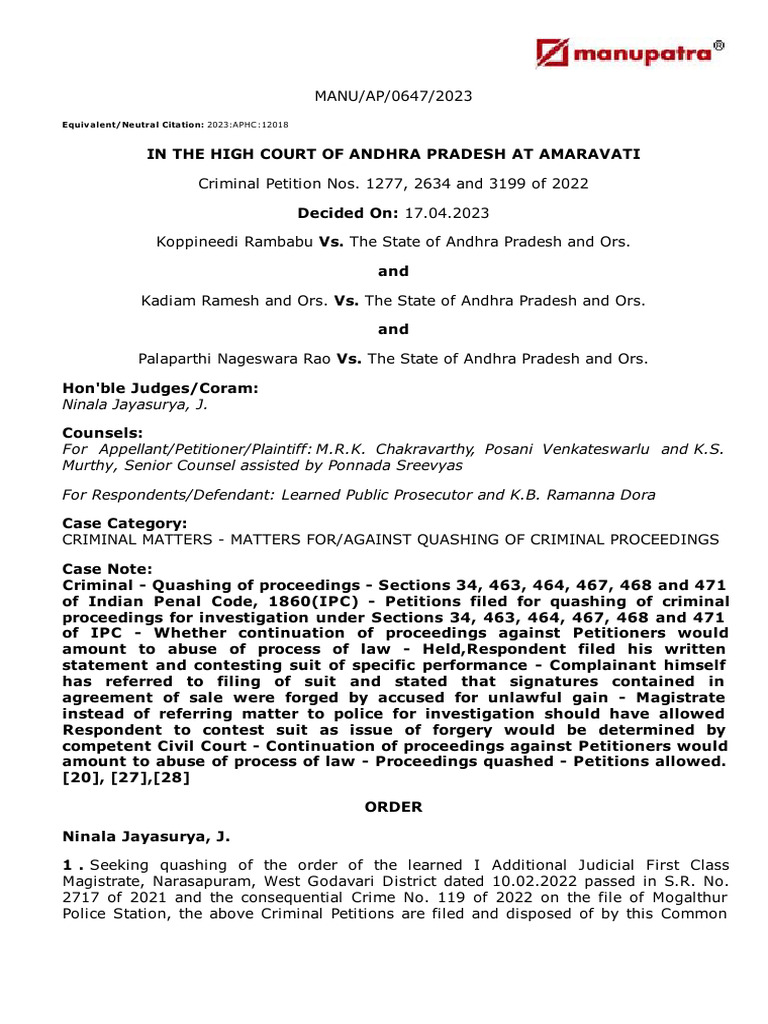Koppineedi Rambabu Vs The State of Andhra Pradesh AP20230405231805143COM624594 | PDF | Lawsuit ...