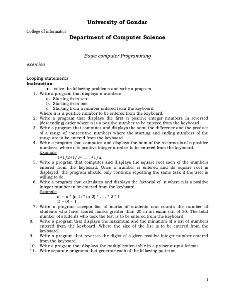 Worksheet 1 (Looping Statements) | PDF | Mathematics | Computing