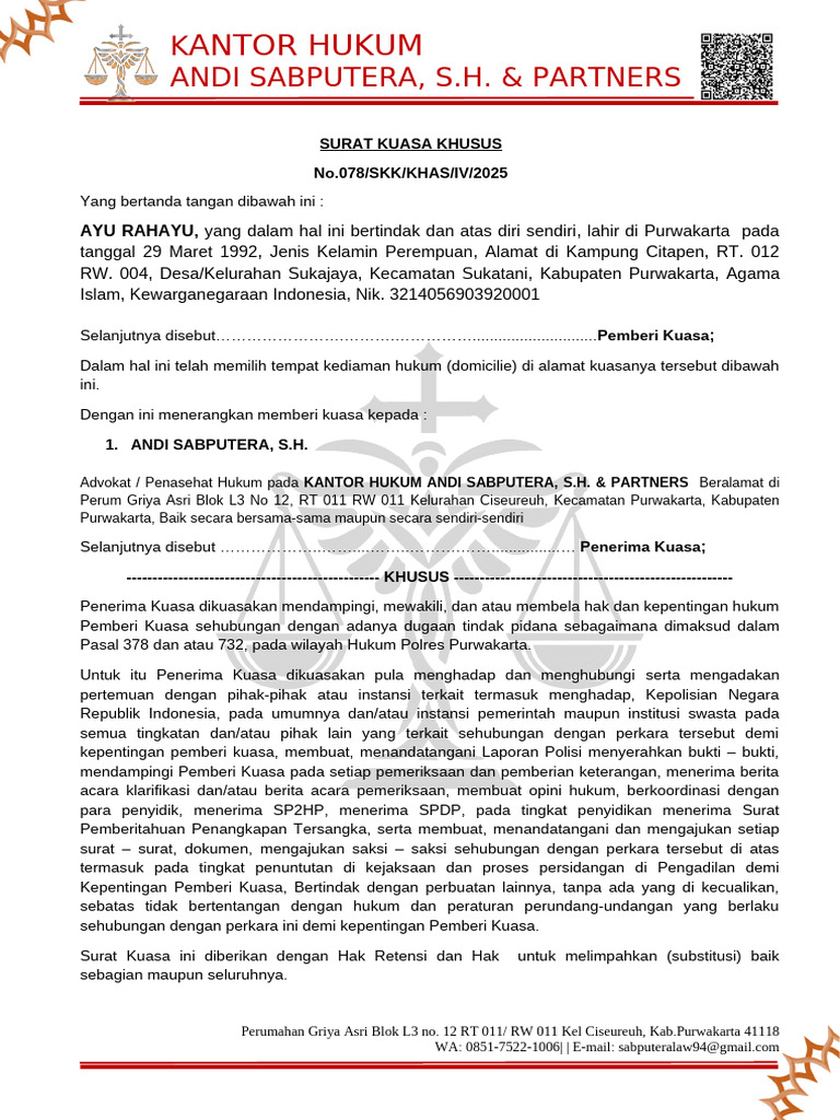 Surat Kuasa Pidana Ayu Rahayu | PDF