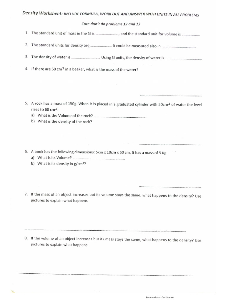 Density Worksheet | PDF