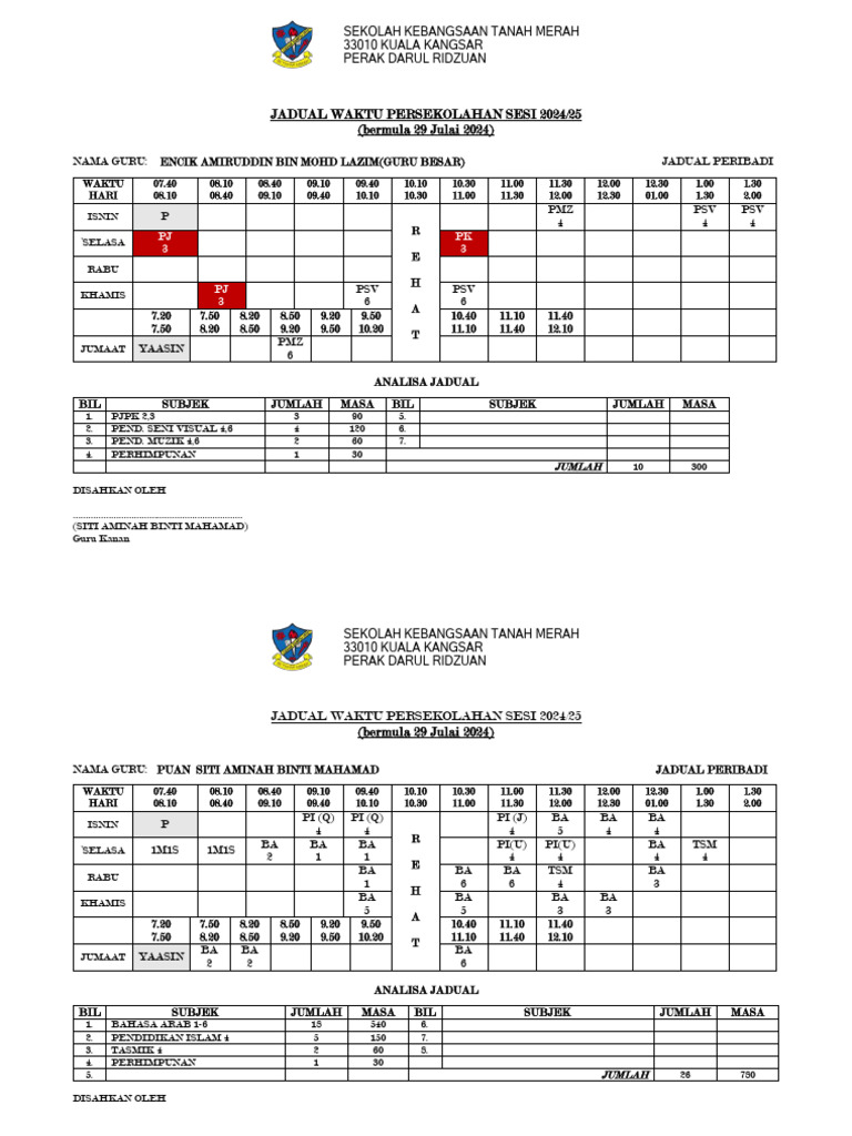 Jadual Peribadi Guru Sesi Dua Print | PDF