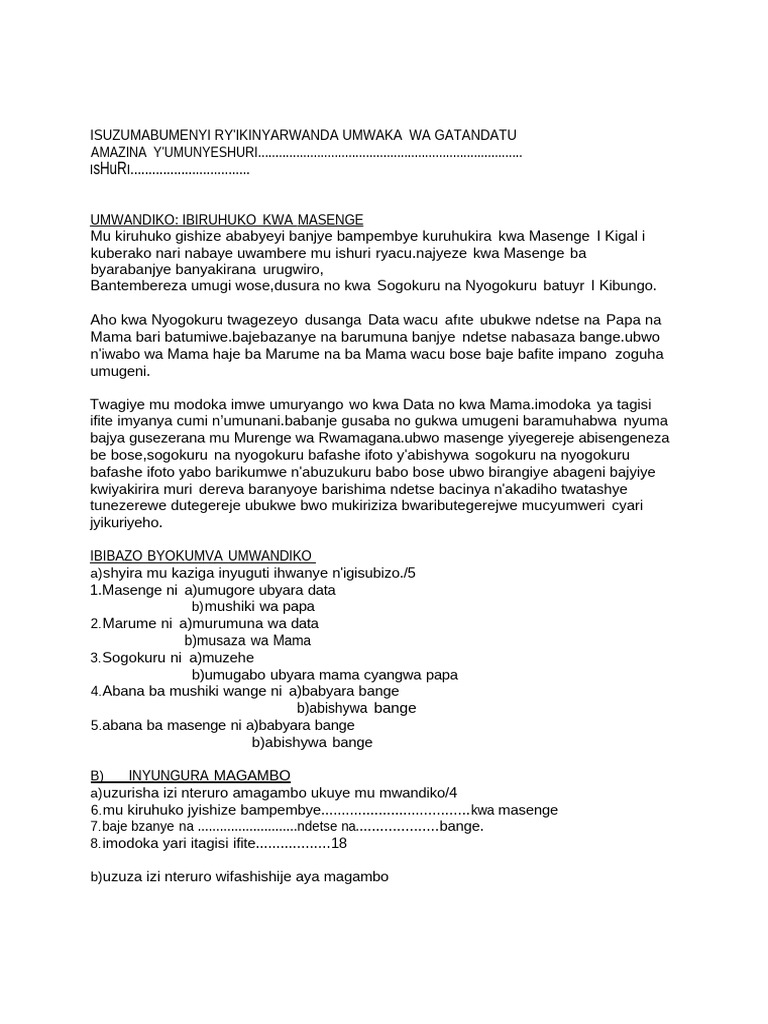 P6 Kinyarwanda Welcome Test | PDF | Rwanda | Linguistics
