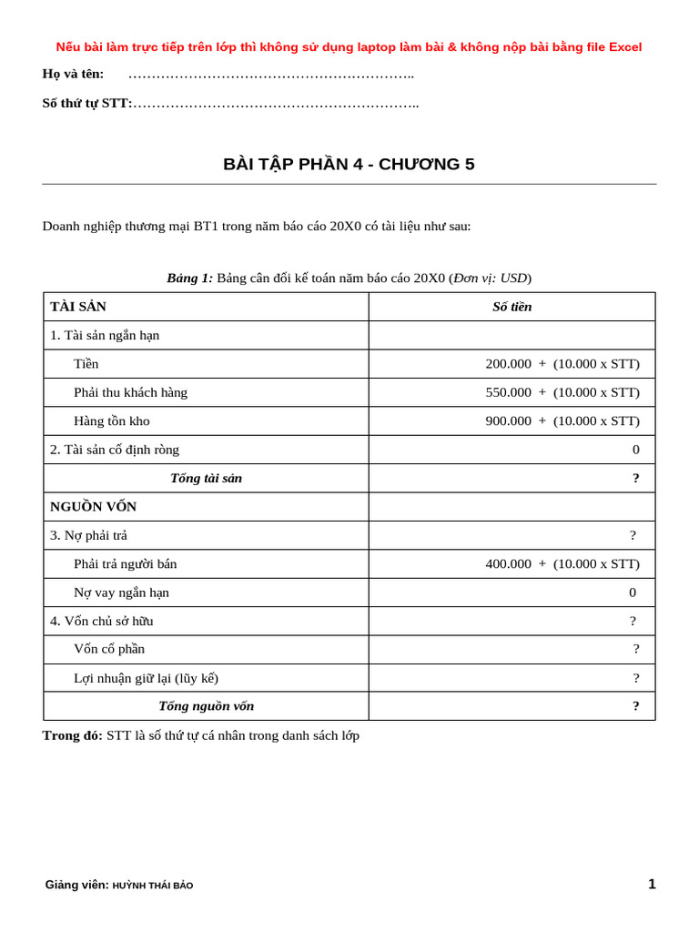 Bài Tập Phần 4 - Chương 5: Họ và tên: Số thứ tự STT | PDF
