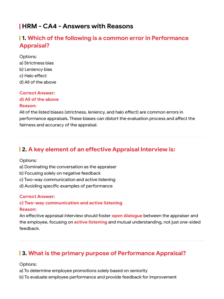 HRM - CA4 - Answers With Reasons | PDF | Performance Appraisal | Employment