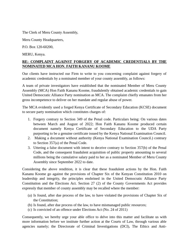 The Clerk of Meru County Assembly, Letter | PDF | Forgery | Justice