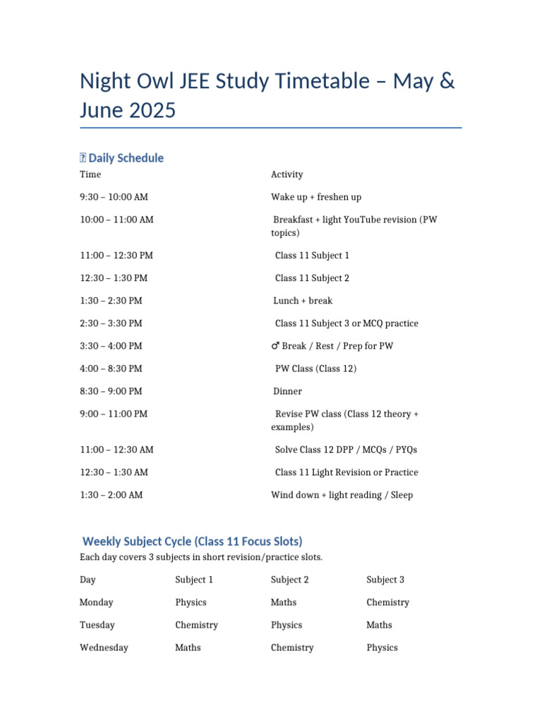 Night Owl JEE Timetable May June 2025 | PDF