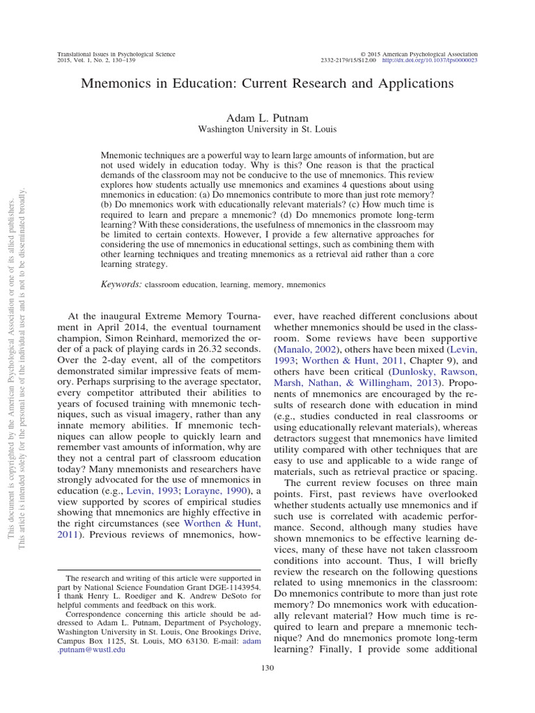 X Mnemonics in Education Current Research and Applications | PDF | Mnemonic | Cognition
