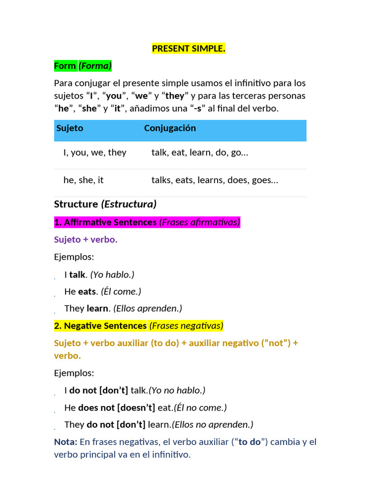 Conjugación del Presente Simple | PDF | Verbo | Sintaxis