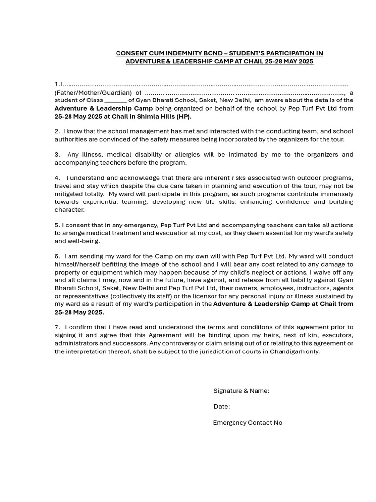 Consent Cum Indemnity Form GBS Chail 2025 | PDF | Private Law