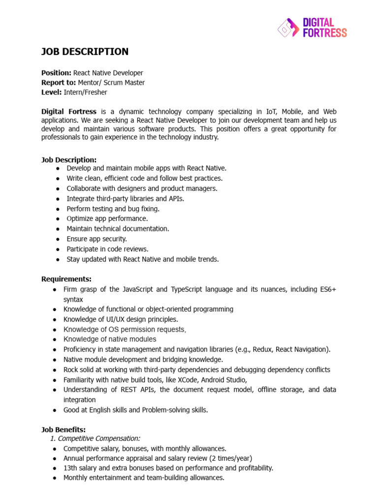 (DF) JD - Intern - Fresher React Native Developer | PDF | Mobile App | Software Development