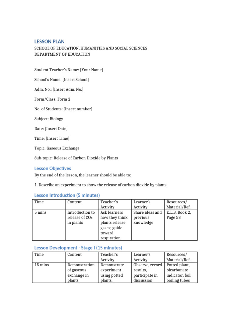 CO2 Release by Plants Lesson Plan | PDF | Carbon Dioxide | Learning