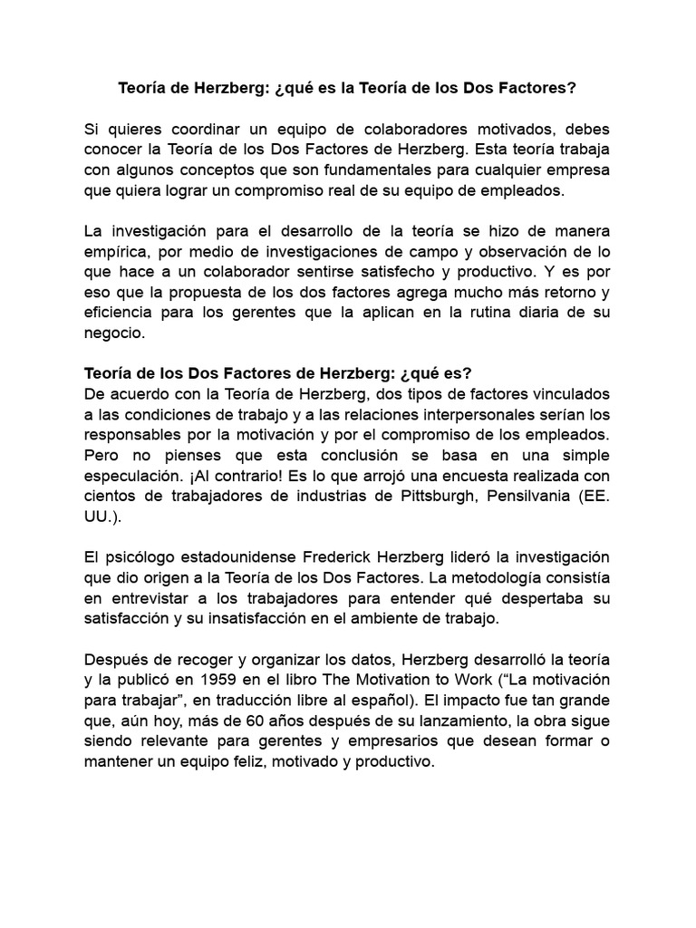 Teoría De Herzberg Motivación Laboral Efectiva Pdf Business