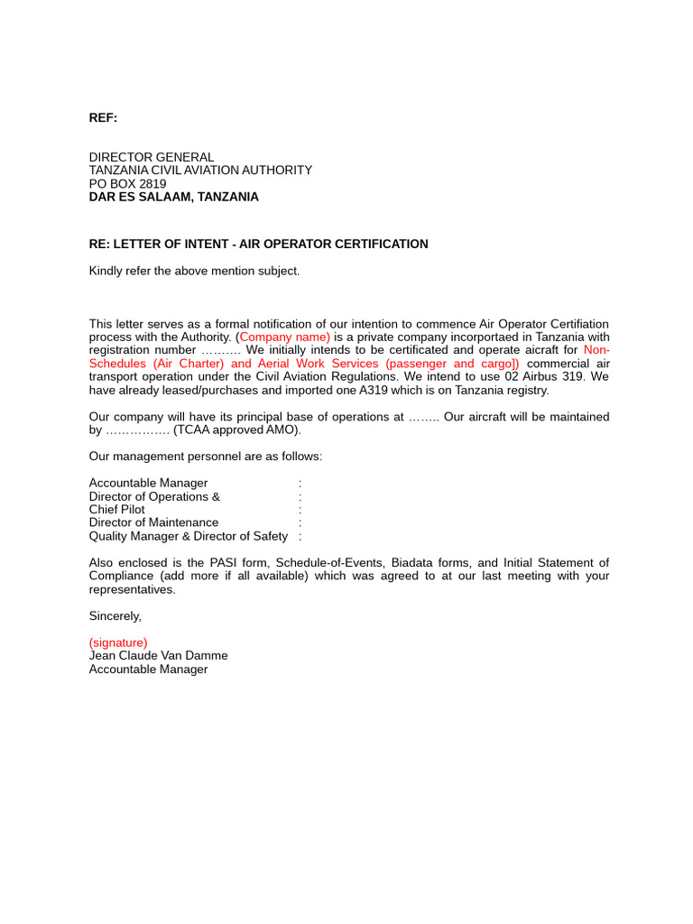 TCAA Air Operator Certification Intent | PDF