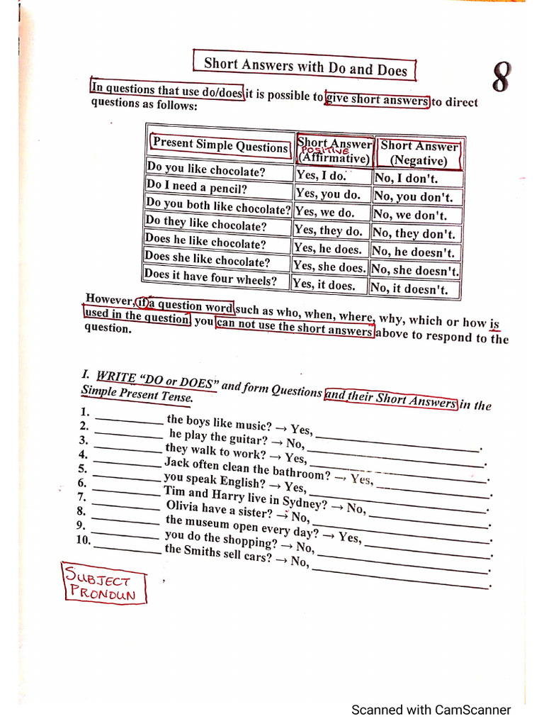 P. 7. Questions W Do, Does. p8, Short Answers With Do and Does | PDF