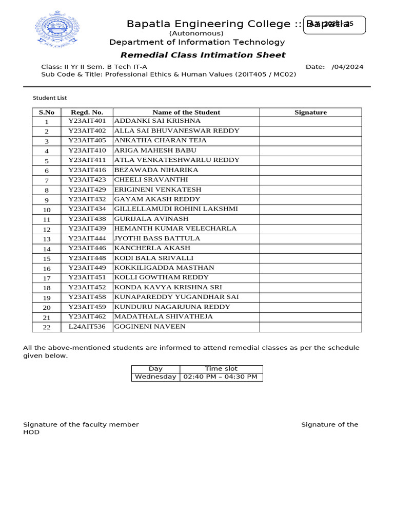 PEHV Remedial Class Intimation-Sheet 2024-25 II Sem A Sec-NEW | PDF