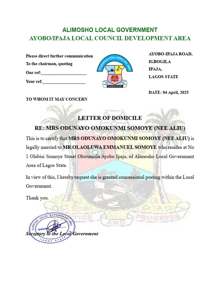 Somoye Domicile Letter | PDF