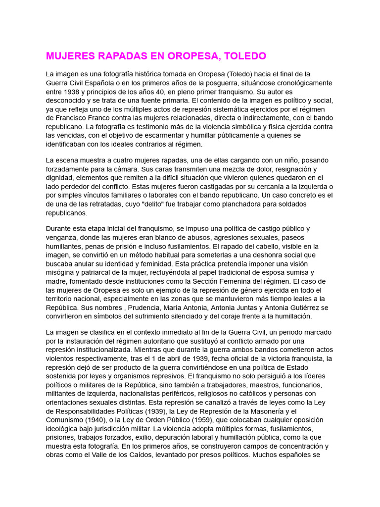 Mujeres Rapadas en Oropesa | PDF | España franquista