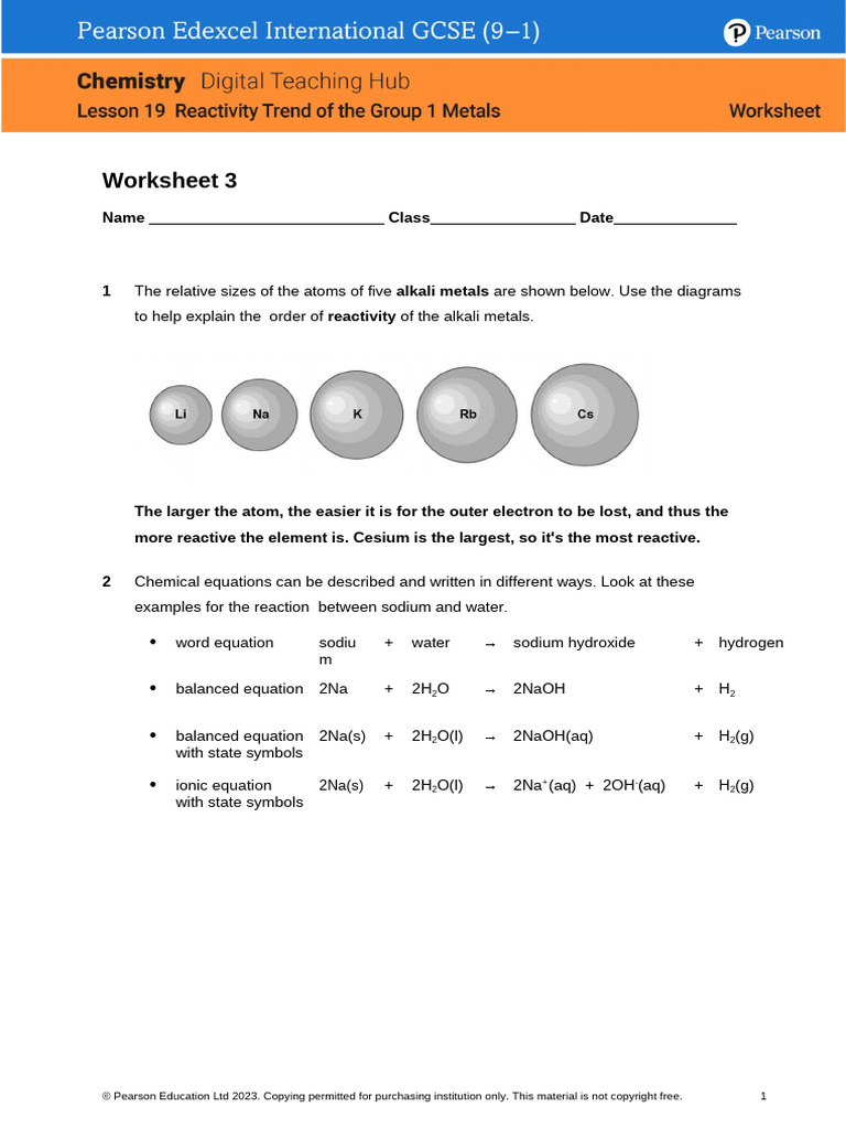 IG Chemistry Lesson19 Worksheet 3 | PDF | Chemical Reactions | Chemistry