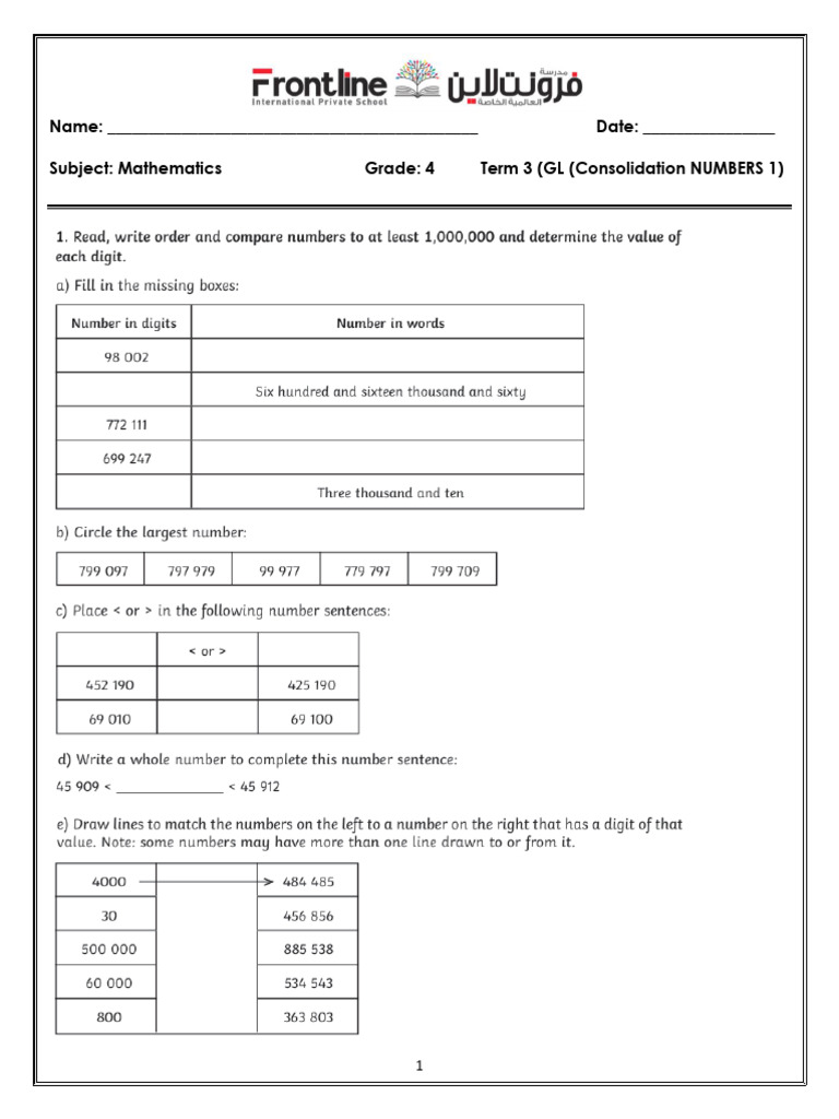 HW Grade 4 GL Consolidation - NUMBERS 1 PDF | PDF