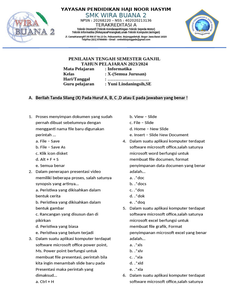 Soal Informatika Kls X-Semua Jurusan-Sep-2023 | PDF