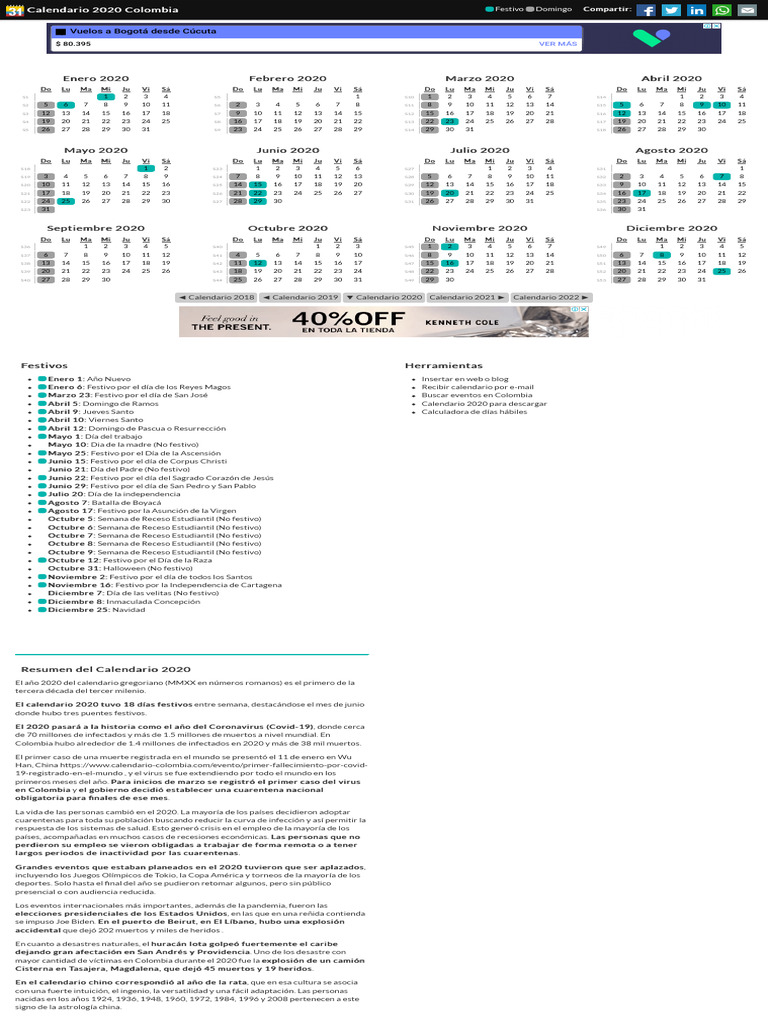Calendario 2020 Colombia | PDF | Calendario | Pascua de Resurrección