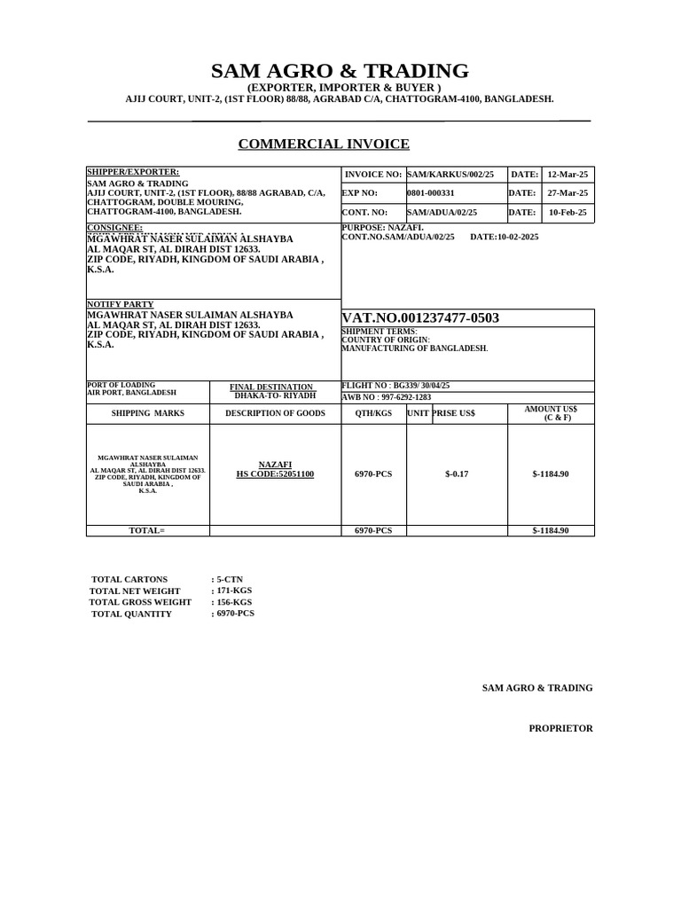 Invoice 05 CTN Riyadh Nazafi | PDF | Business Documents